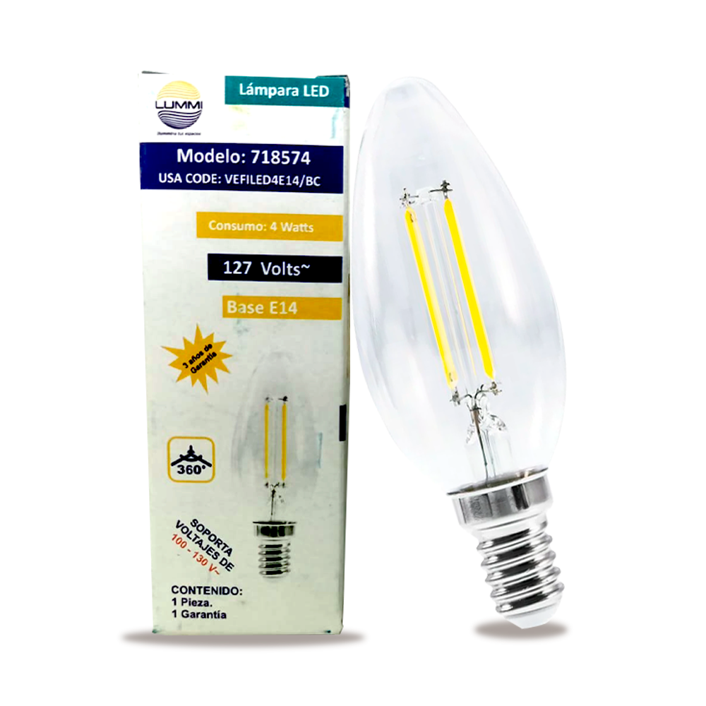 Foco tipo vela LED | 4W | 127V | 2700 K | E14 | (VEFILED4E14/LD) – Lummi